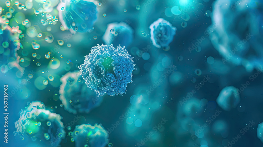 Bright blue bacteria with green accents, spherical clusters, floating ...