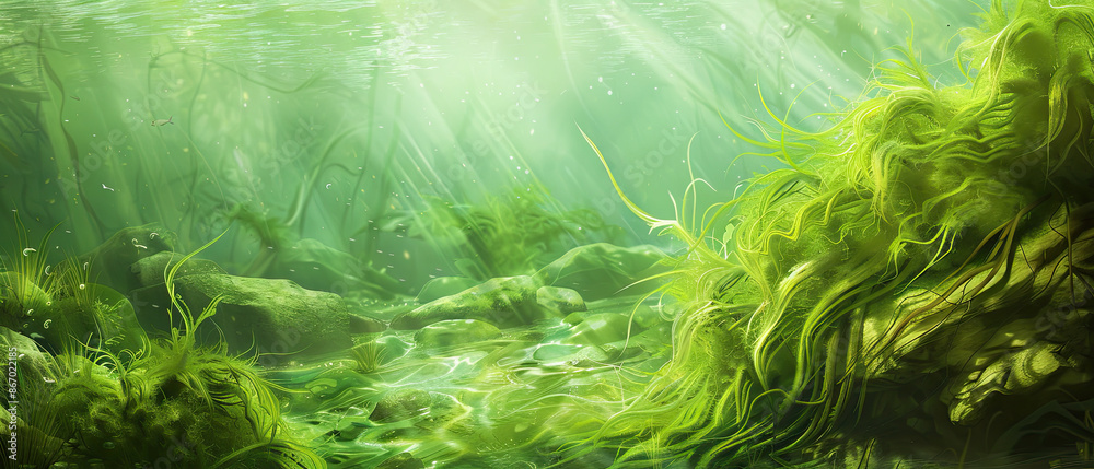 Illustrated view of bright green algae filaments, floating in a clear ...