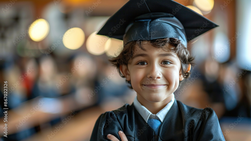 Young Boy Smiling at Graduation Ceremony with Cap and Gown Stock ...