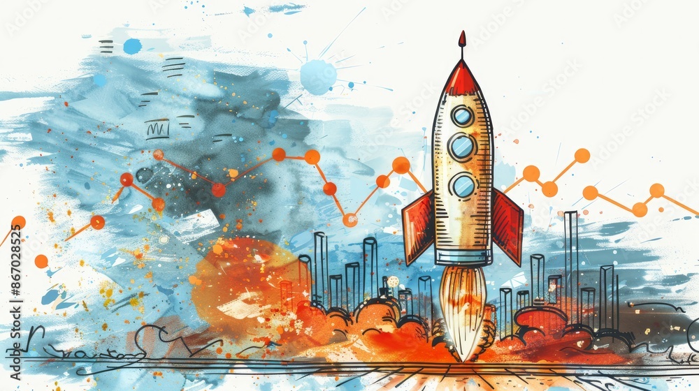 Rocket, money, stock market statistics chart. Investment, trade ...