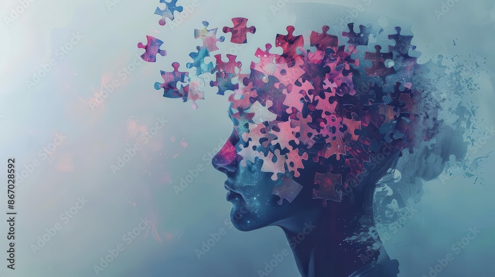 conceptual memory loss illustration profile of human head with puzzle ...