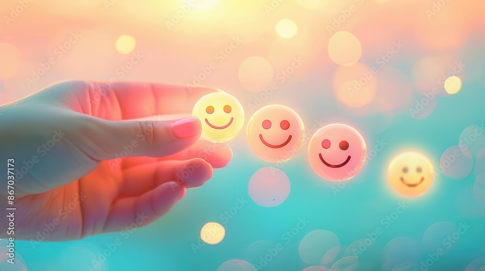 hand selecting glowing happy face emoji from floating options soft ...