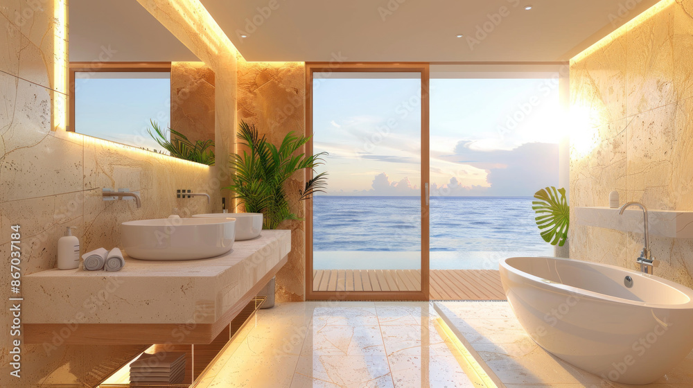 Modern bathroom with double sink and bathtub overlooking the ocean ...