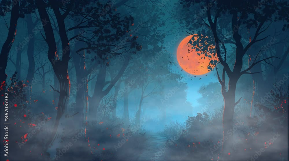 Enchanting misty forest of tall trees under a glowing red full moon ...