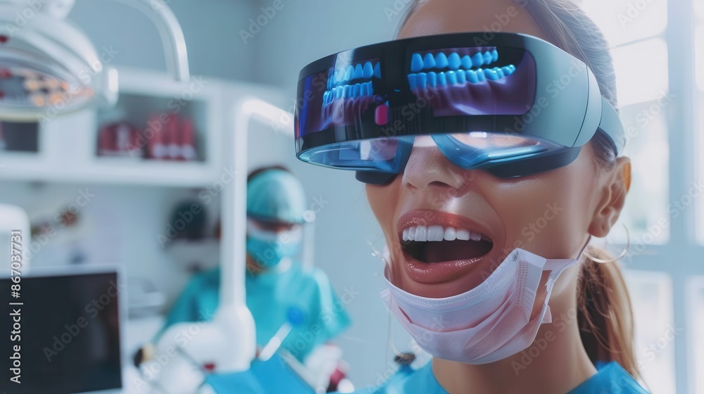 hightech dental office with a dentist using augmented reality glasses ...