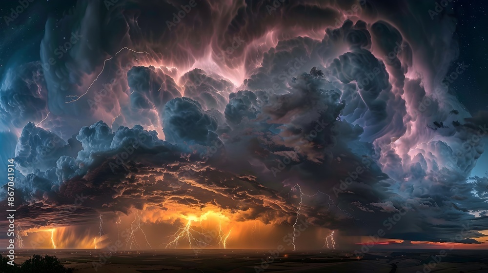 Fiery Night Sky: A dramatic landscape with a blazing forest fire under ...