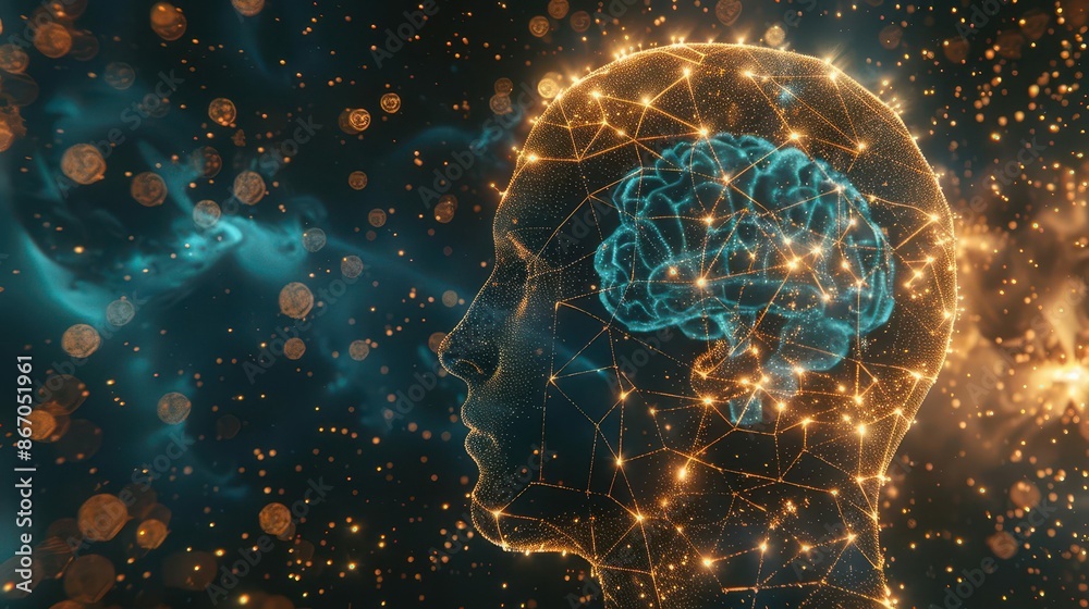 transparent human head profile filled with interconnected neon synapses ...