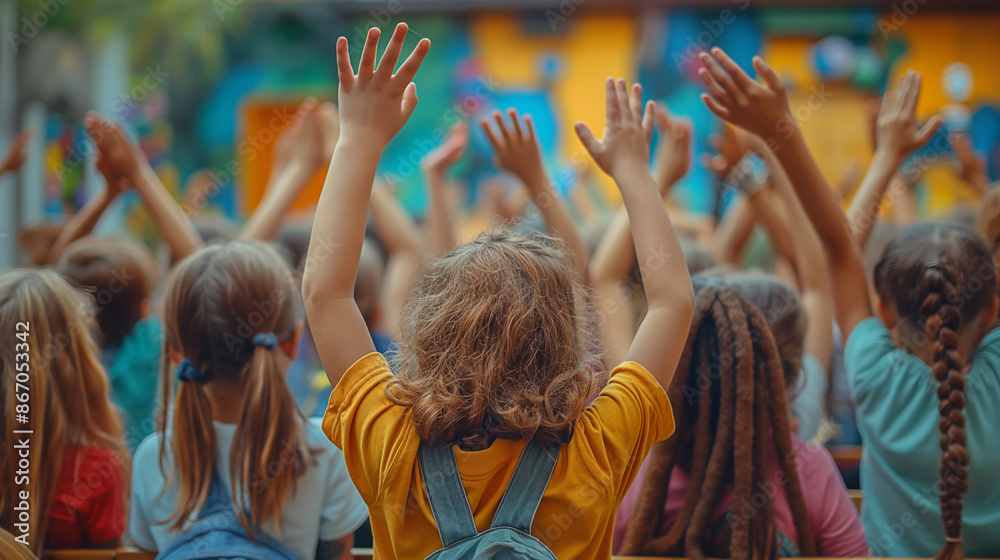 Answering, back and children raising hand in class for a question ...