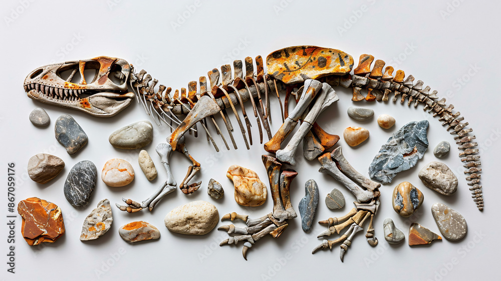 Fossil and bone typography, with letters formed by dinosaur skeletons ...