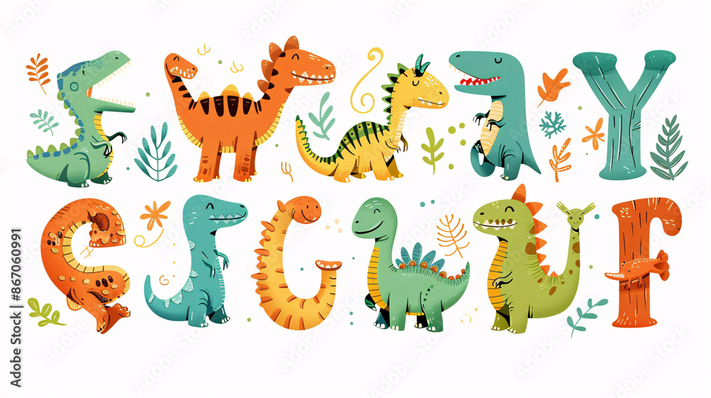 Hand-drawn dinosaur alphabet typography set, featuring cute and happy ...
