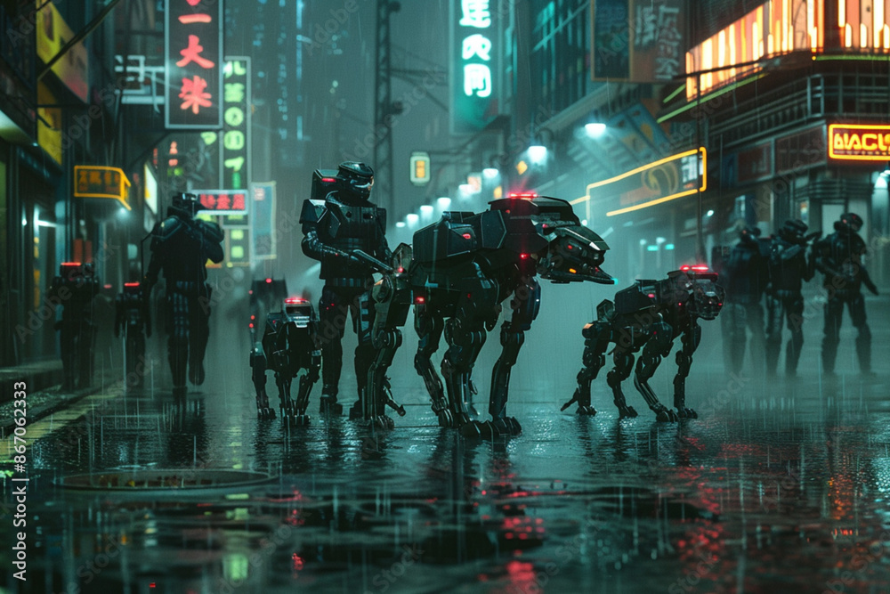 Futuristic scene with robotic police dogs and cyborg officers ...