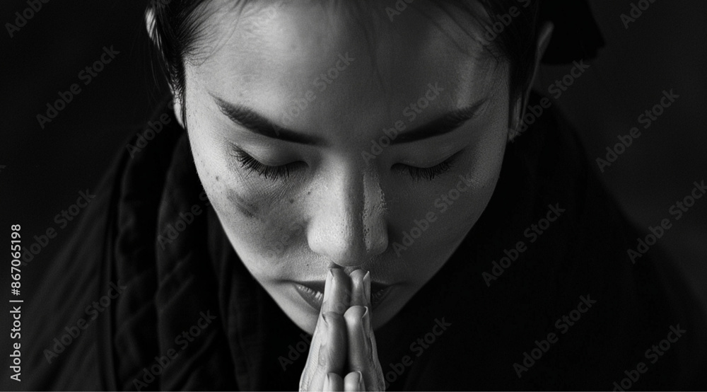 portrait in a dark, moody setting.Young pretty asian women monks in ...