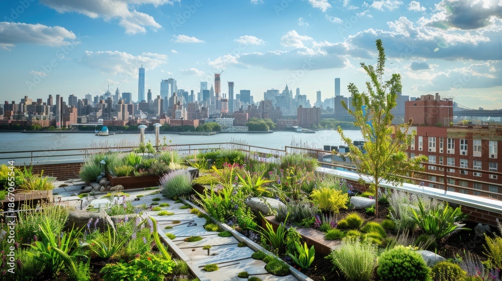 A scenic rooftop park with panoramic views of the city, featuring ...