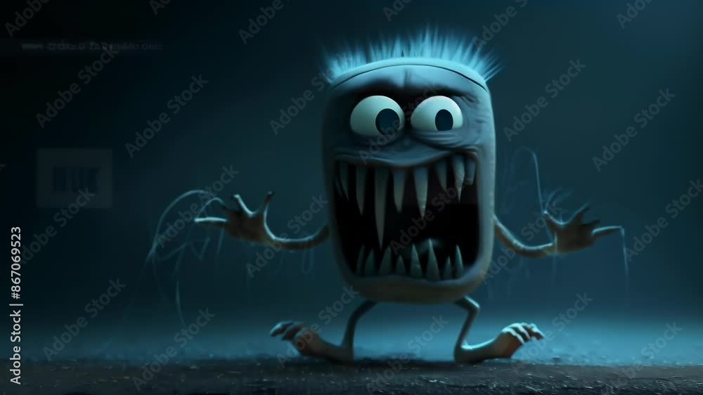 Endearing blue monster with large googly eyes and glowing cyan hair ...