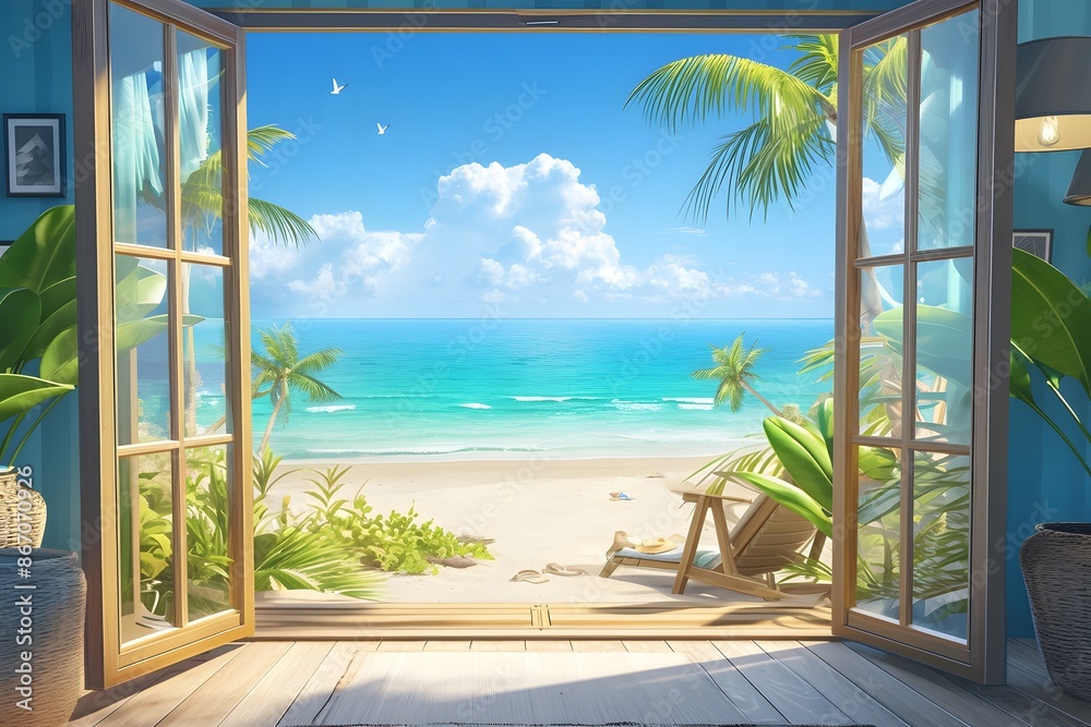 Tropical beach with palm trees. Tropical ocean view from the window of ...