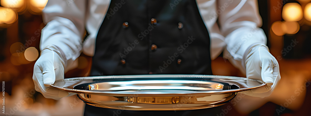 Waiter tray butler hand serve hold plate isolated white man silver ...