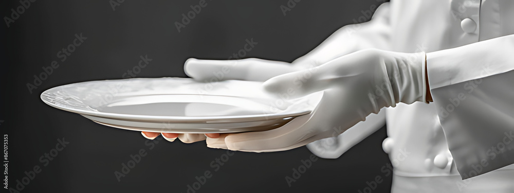 Waiter tray butler hand serve hold plate isolated white man silver ...