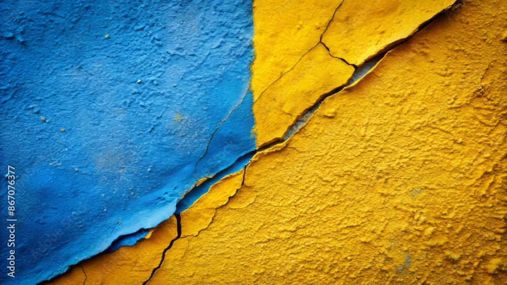 Vibrant yellow and blue diagonal split wall with cracks offers dynamic ...