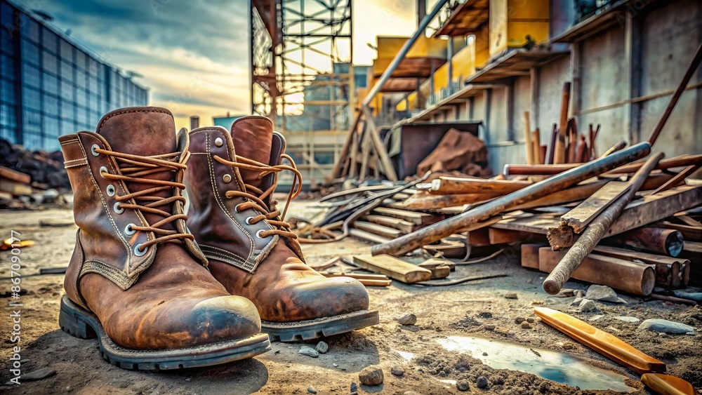 Weathered steel-toed boots standing upright amidst scattered ...