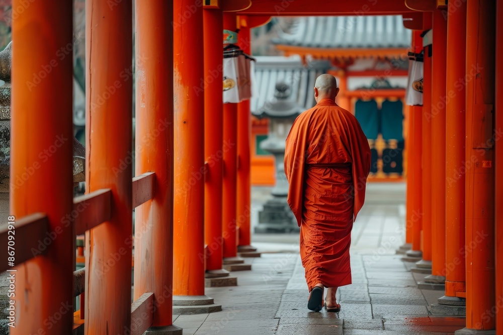 Buddhist monk wearing traditional orange robe walking through corridor ...