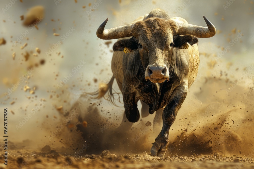 Muscular brown bull is kicking up a cloud of dust as it runs through a ...