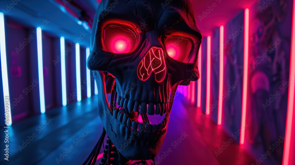 Virtual reality haunted maze, holographic monsters, neon pathways ...