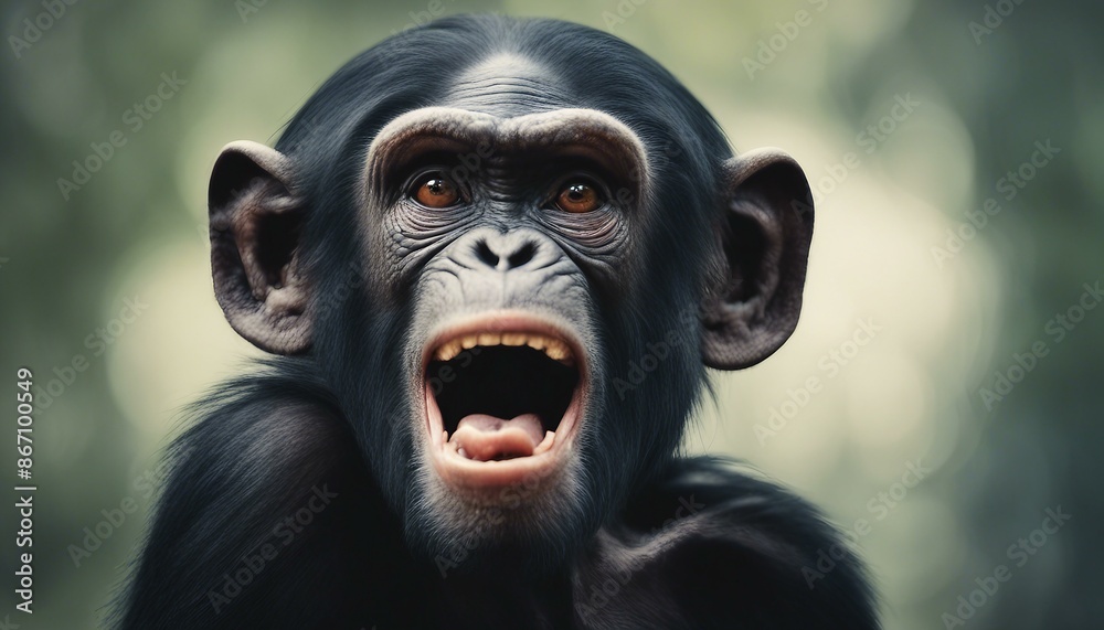 A close-up view of a chimp or monkey with an open mouth, tongue ...