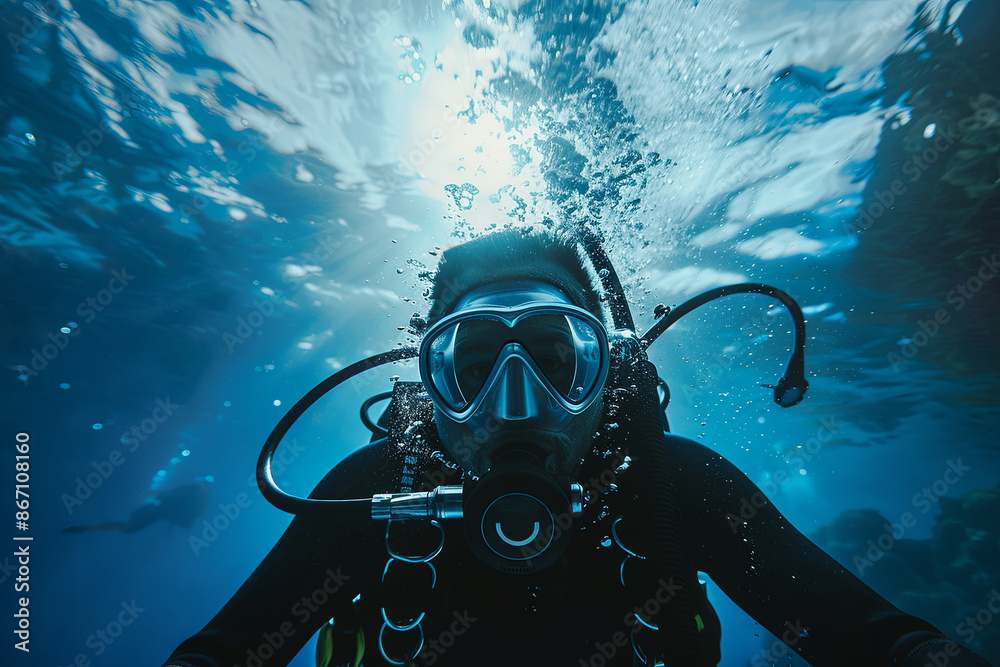 Scuba diver performing a safety stop in the deep blue sea, underwater ...