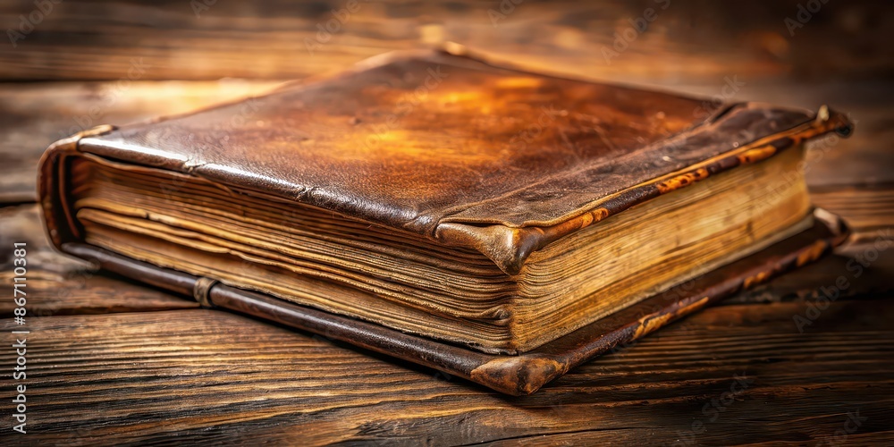 Old book with worn leather cover and yellowed pages, vintage, antique ...