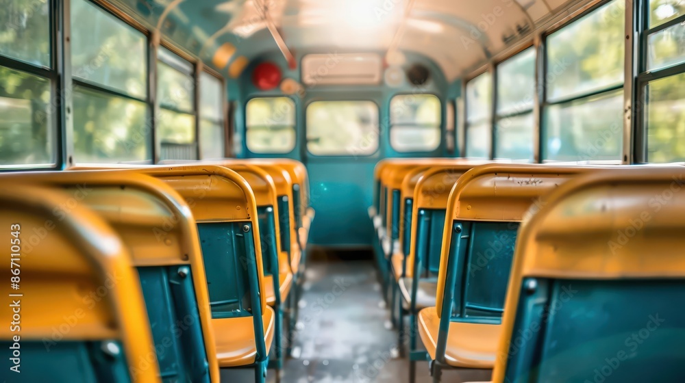 Empty school bus interior with yellow seats and large windows, sunlight ...