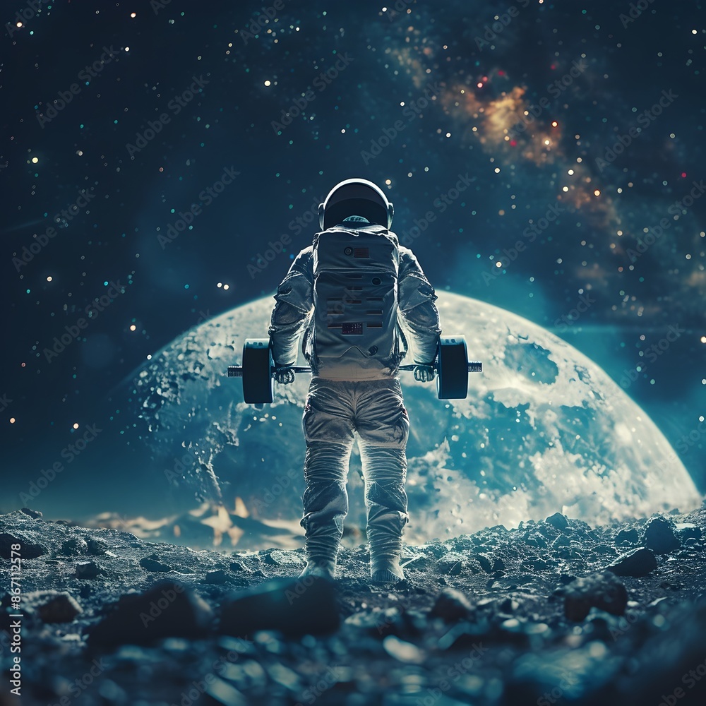Muscular Astronaut Bodybuilder Weightlifting on the Lunar Surface with ...