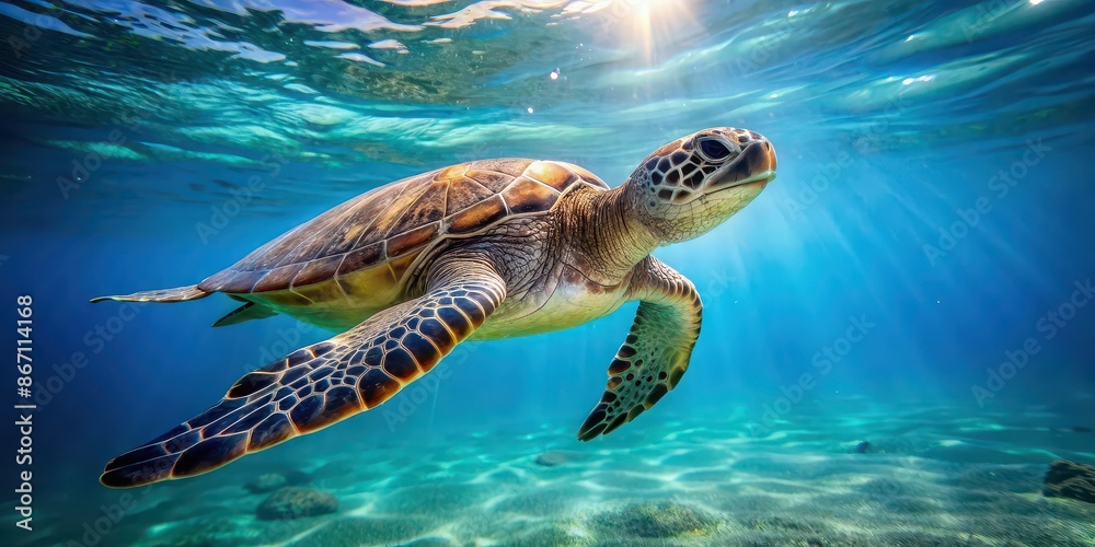 Sea turtle swimming gracefully in the ocean, marine life, endangered ...
