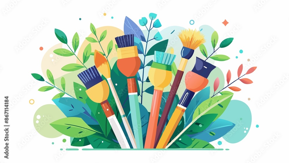 visually stunning display of paint brushes, gathered together on crisp ...