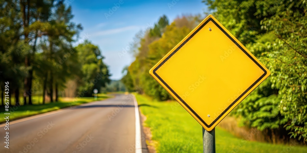 Yellow give way traffic sign on the side of the road at a summer road ...