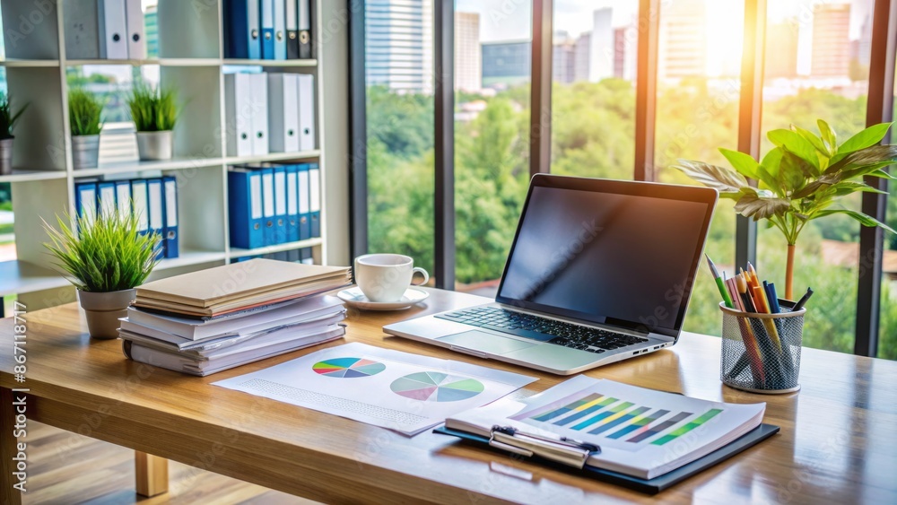 Modern office desk with laptop, papers, and calculator, surrounded by ...