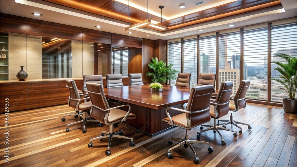 Modern luxurious corporate office room with sleek lines, polished wood ...
