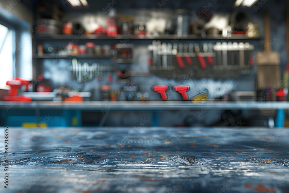 Blank rough metal workshop and desk table surface on blurred garage ...
