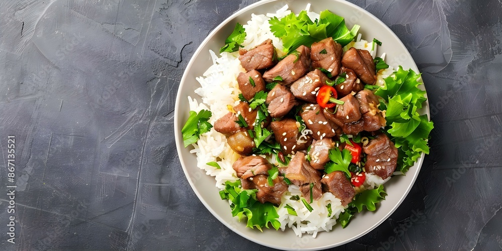 Vietnamese bo luc lac cubed beef rice on a plate. Concept Vietnamese ...