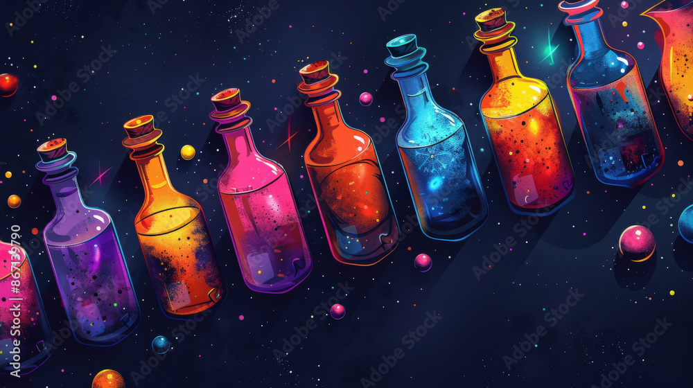 background with simplified potion bottles featuring labels, using ...