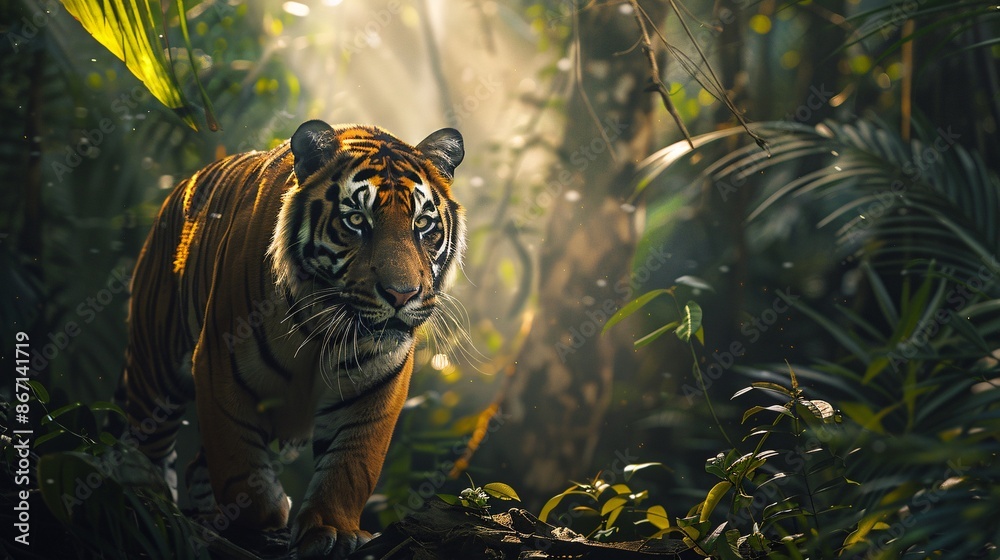 Fierce tigers prowl the dense jungle, their striking orange and black stripes blending with the ...