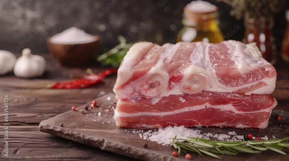 Raw pork belly with back fat, highly detailed, rustic kitchen setting ...