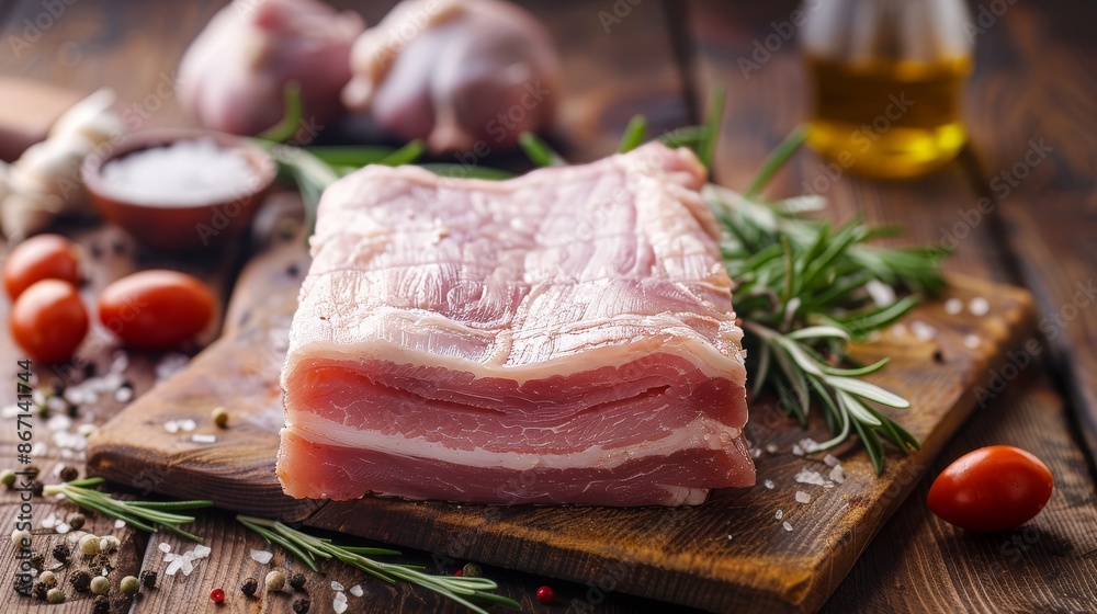 Raw pork belly with back fat, highly detailed, rustic kitchen setting ...