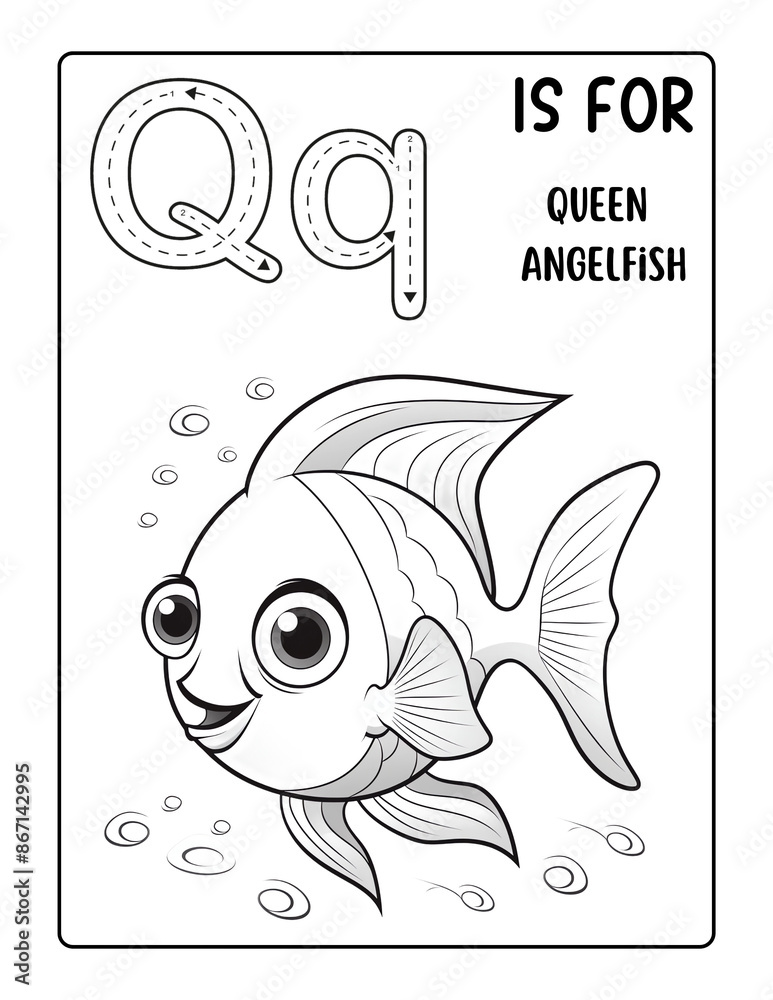 Simple coloring book page for children, a very cute queen angelfish ...