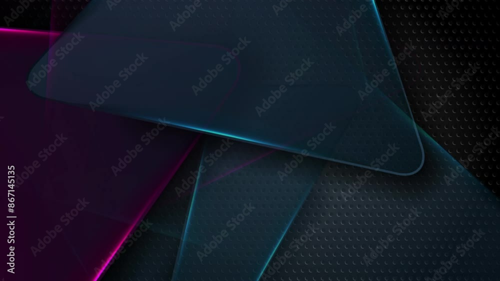 Blue violet glowing neon triangles on black perforated tech texture ...