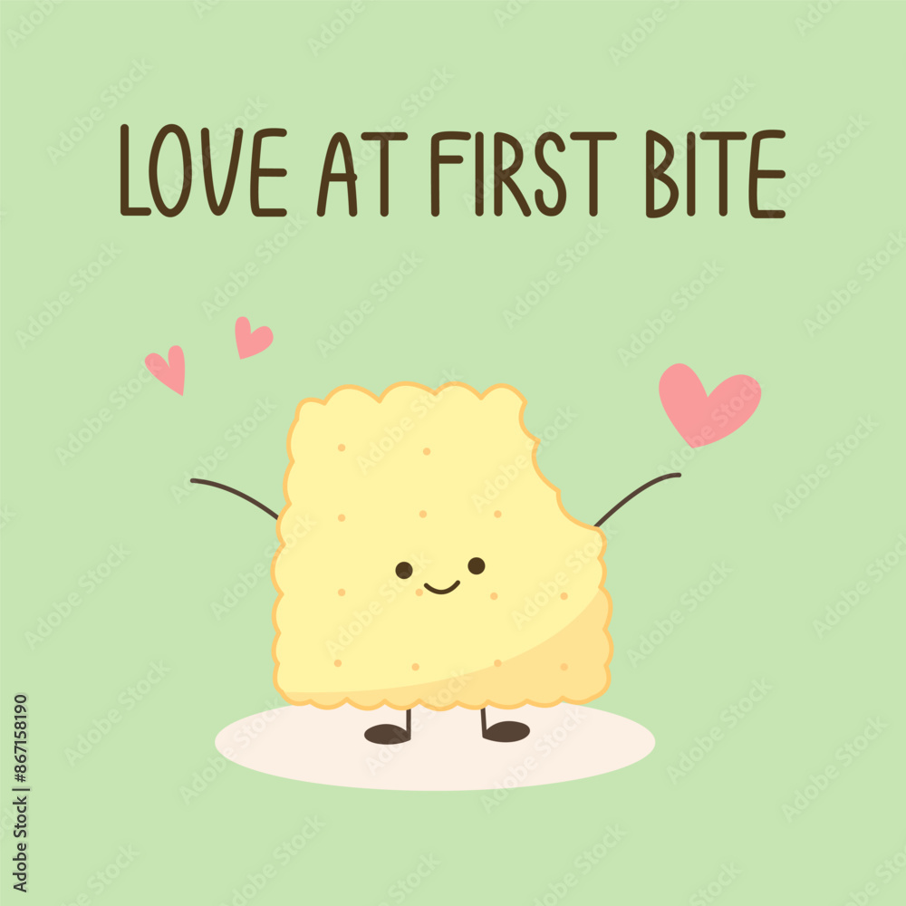 Cute bitten yellow biscuit with quote "Love at first bite" on pastel ...