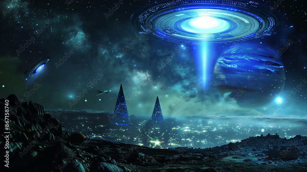 ภาพประกอบสต็อก Sci-fi collage - aliens space ship above aliens colony ...