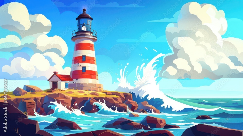 Cartoon lighthouse on rocky coast with crashing waves, blue sky and ...