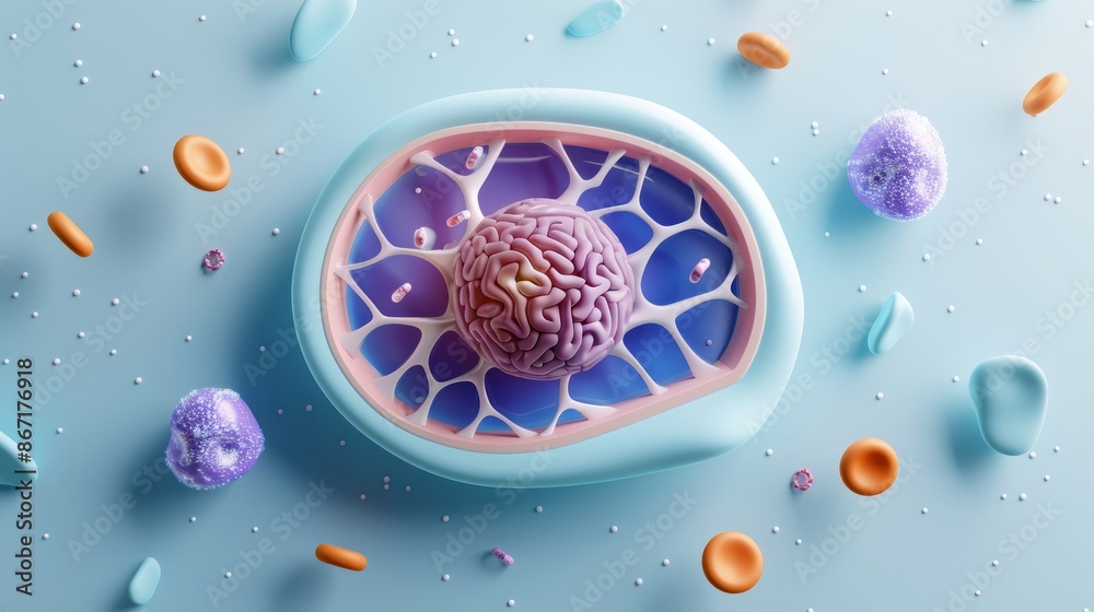 Diagram of a eukaryotic cell, featuring nucleus, endoplasmic reticulum ...