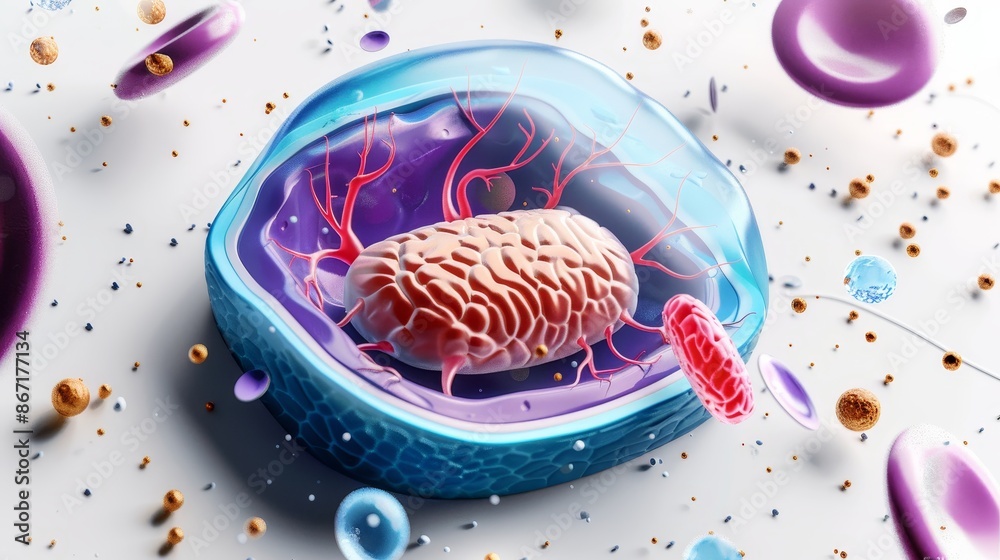 Educational diagram of a eukaryotic cell, highlighting nucleus, endoplasmic reticulum, Golgi ...