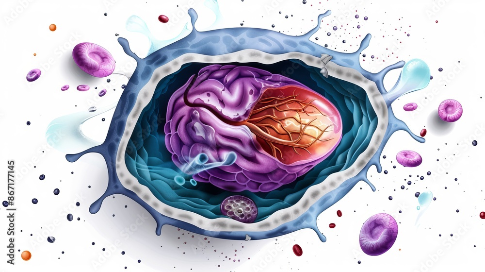 Educational diagram of a eukaryotic cell, highlighting nucleus, endoplasmic reticulum, Golgi ...